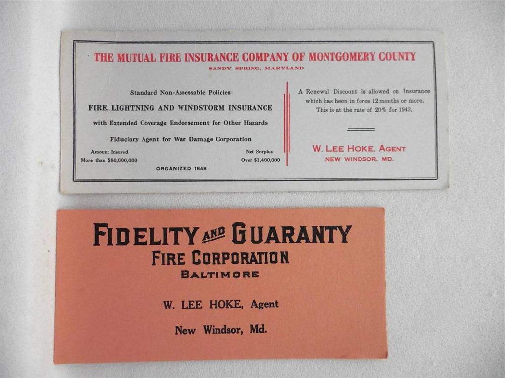 Lot of 2 Advertising Ink Blotters W Lee Hoke NEW WINDSOR MD Insurance ...
