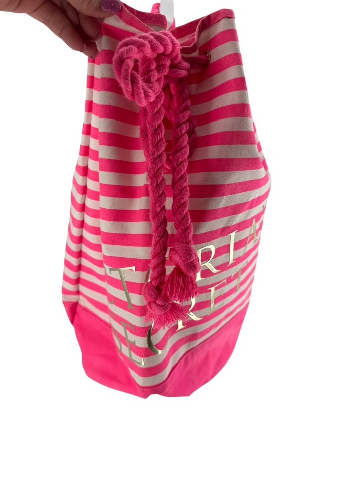 Victoria's Secret Neon Pink & Whtie Striped Drawstring Tote Bag | eBay UK