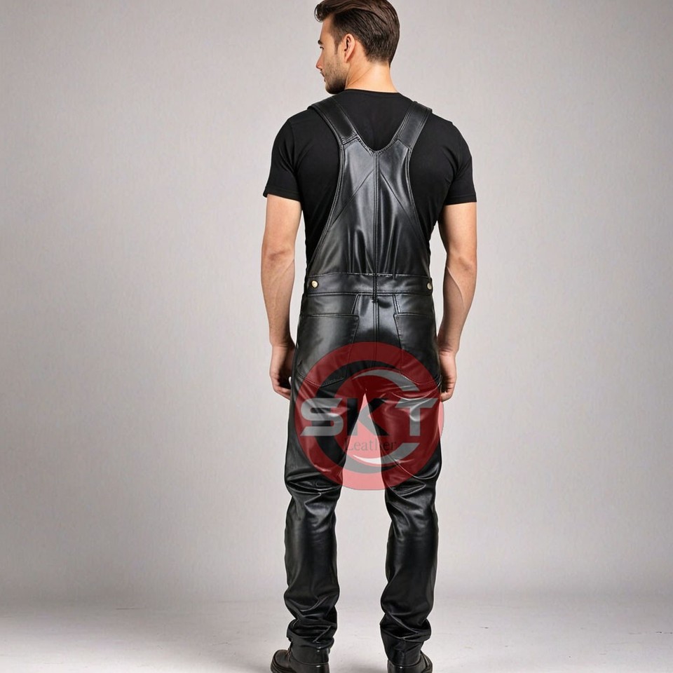 Men's Genuine Soft Leather Black Bib Overall Dungaree Jumpsuit Suit ...