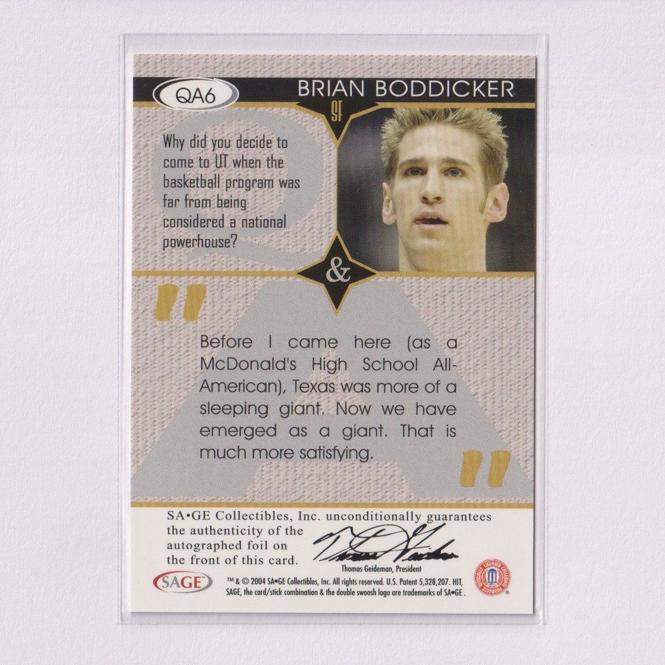 2004 SAGE HIT Q&A Autograph AUTO #Q6 Brian Boddicker RC Rookie SN /100 ...