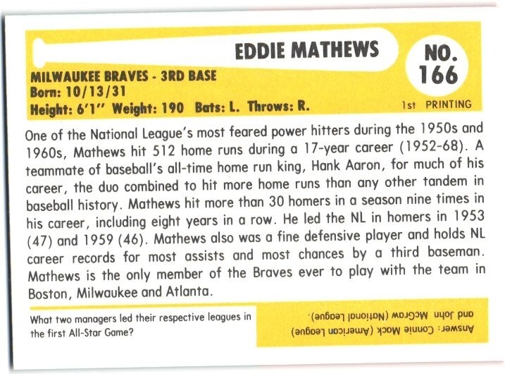 Eddie Mathews 1980 SSPC Baseball Immortals Trading Card # 166 | eBay
