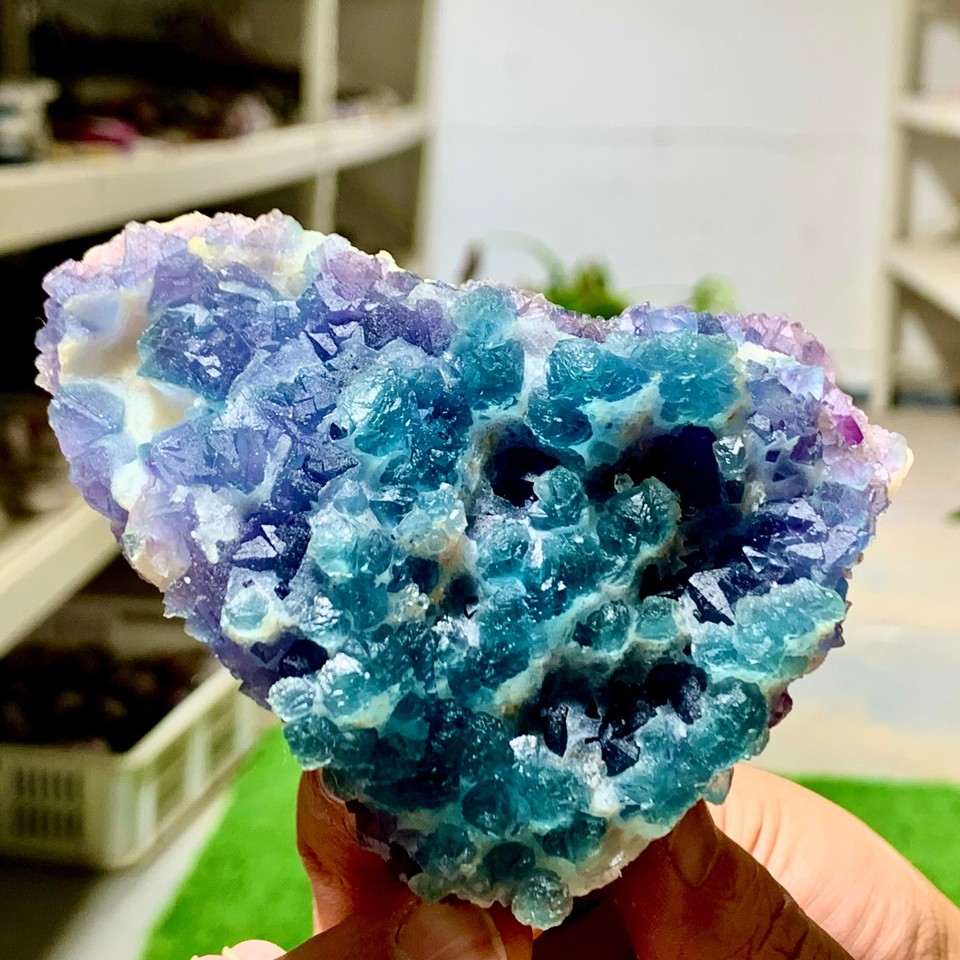 311G Natural transparent purple+green Octahedral fluorite mineral ...