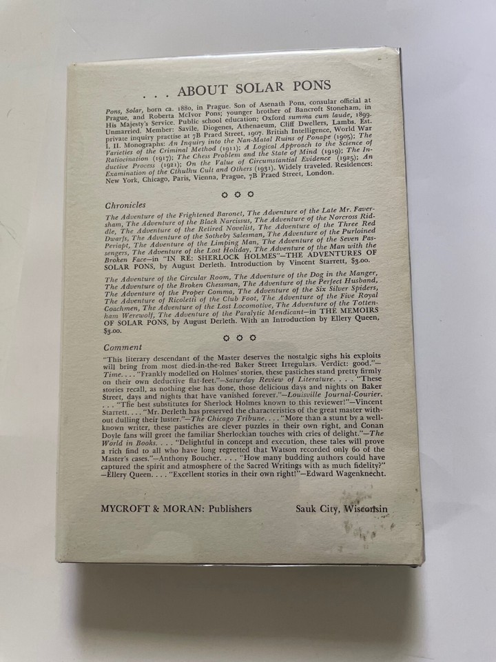 The Return of Solar Pons August Derleth Mycroft & Moran/Arkham House ...