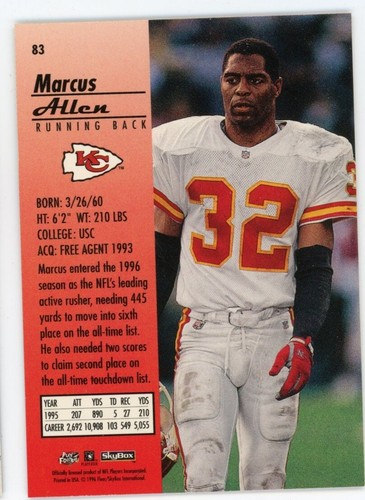1996 SkyBox Premium Card #83 Marcus Allen Kansas City Chiefs Football ...