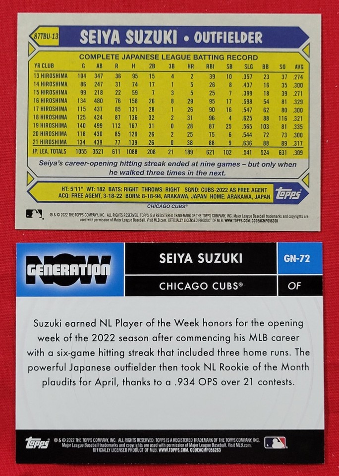 2022 Topps Update SEIYA SUZUKI Generation Now #GN-72 RC + 87 Topps #13 ...