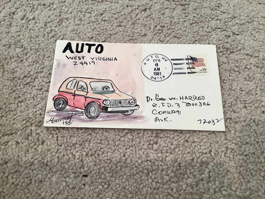 1981 AUTO West Virginia: Signed FOLK ART WATERCOLOR Postal Cover GEORGE ...