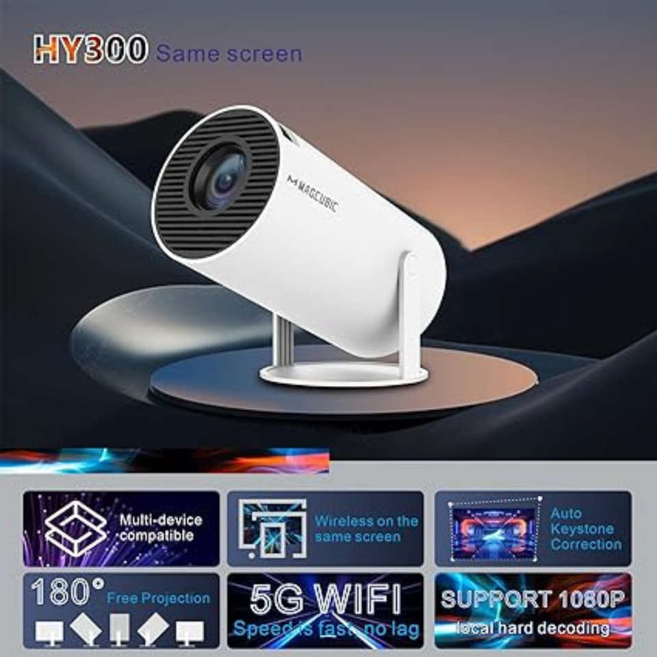 Mini Projector,HY300 Auto Keystone Portable, 4K/ 200 ANSI Smart with 2. ...