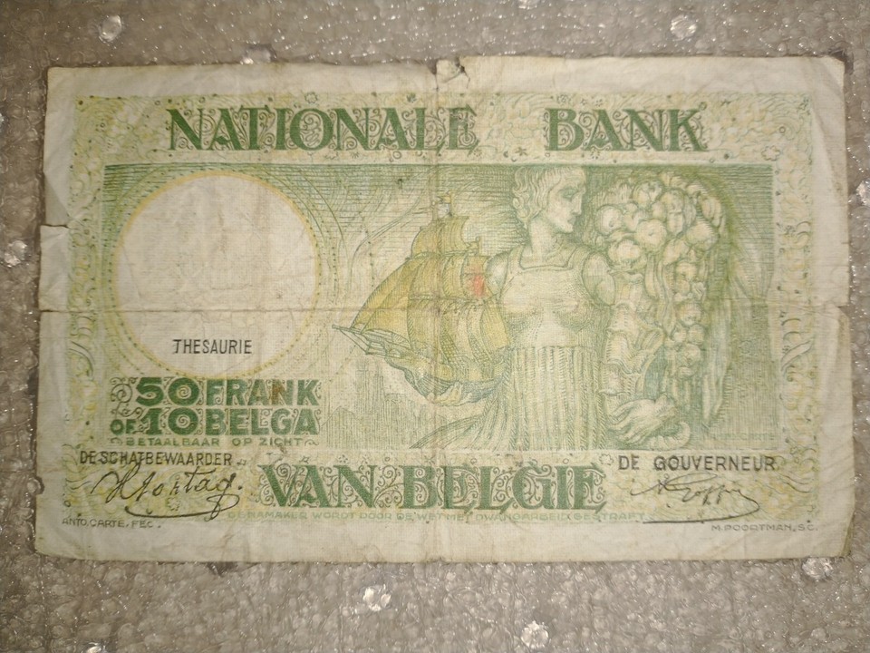 Belgium 50 Frank 10 Belga Belgian Franc Old Vintage Banknotes 1942 WWII ...