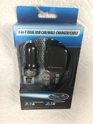 Brand New: 3-in-1 Dual USB Car/Wall Charger/Cable Solaray Phone Charger ...
