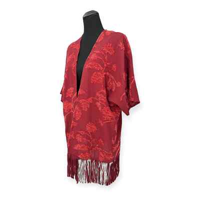 Chico's | S/M | Chenille Floral Jacquard Ruana Maroon Kimono Fringe ...