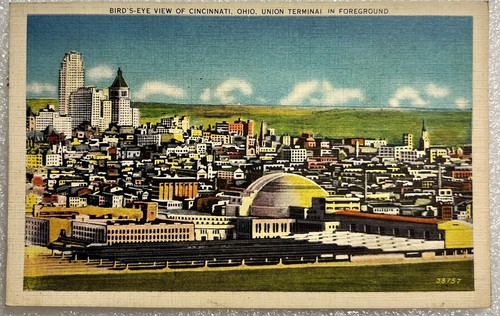 Birds Eye View Of Cincinnati Ohio OH Union Terminal Foreground Linen ...