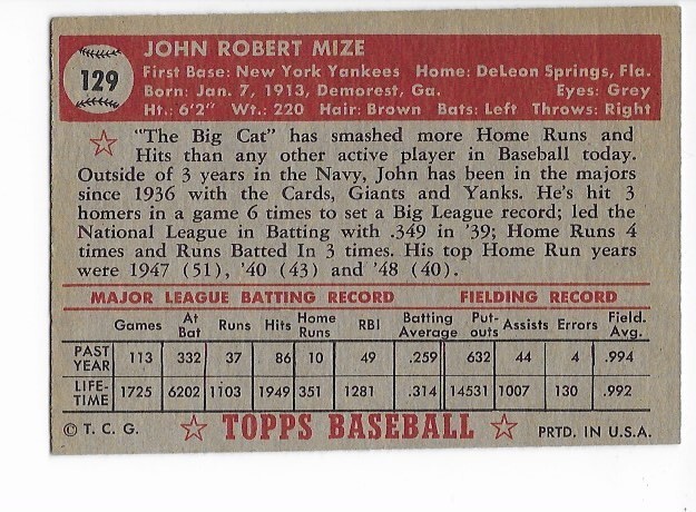 1952 TOPPS Vintage Card - Johnny Mize #129 - VG+/EX - New York Yankees ...