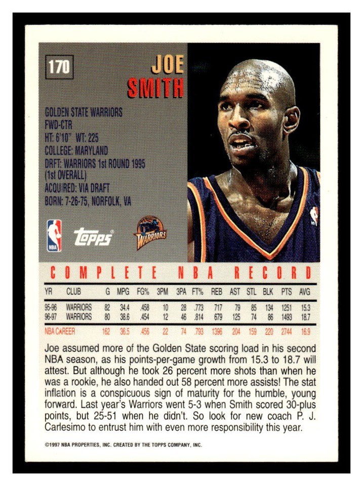 1997 Topps #170 Joe Smith - Golden State Warriors | eBay