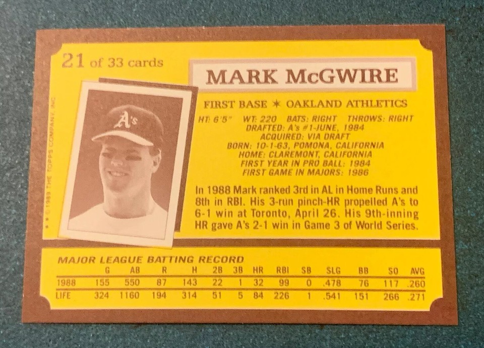 1989 Topps Kay-Bee #21 Mark McGwire Kaybee - Oakland A’s | eBay