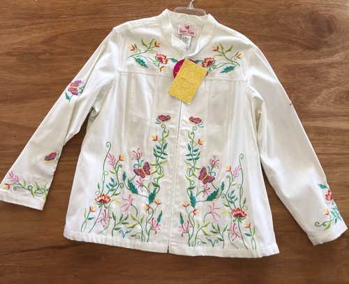 New QUACKER FACTORY Zip Jacket 1X NWT White Floral Embroidered Beaded ...