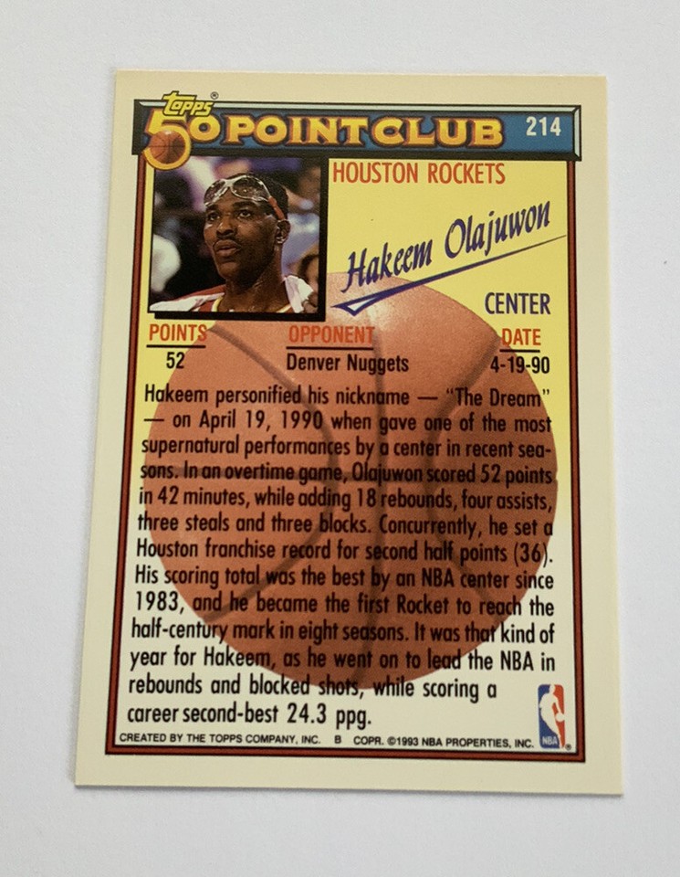 1992-93 Topps 50 Point Club Hakeem Olajuwon Card #214 Houston Rockets ...