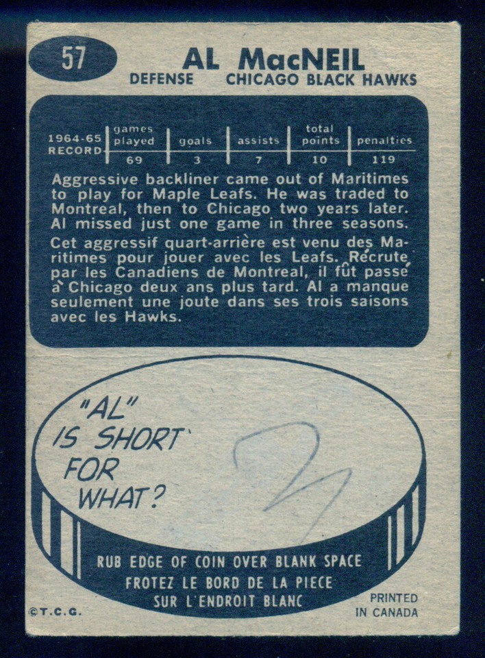 1965-66 TOPPS NHL HOCKEY #57 Al MacNeil VG Chicago Black Hawks Card | eBay
