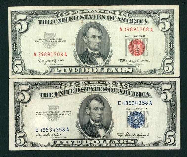 (( TWO NOTES )) $5 1963 / 1953 Silver Certificate / United States Note ...