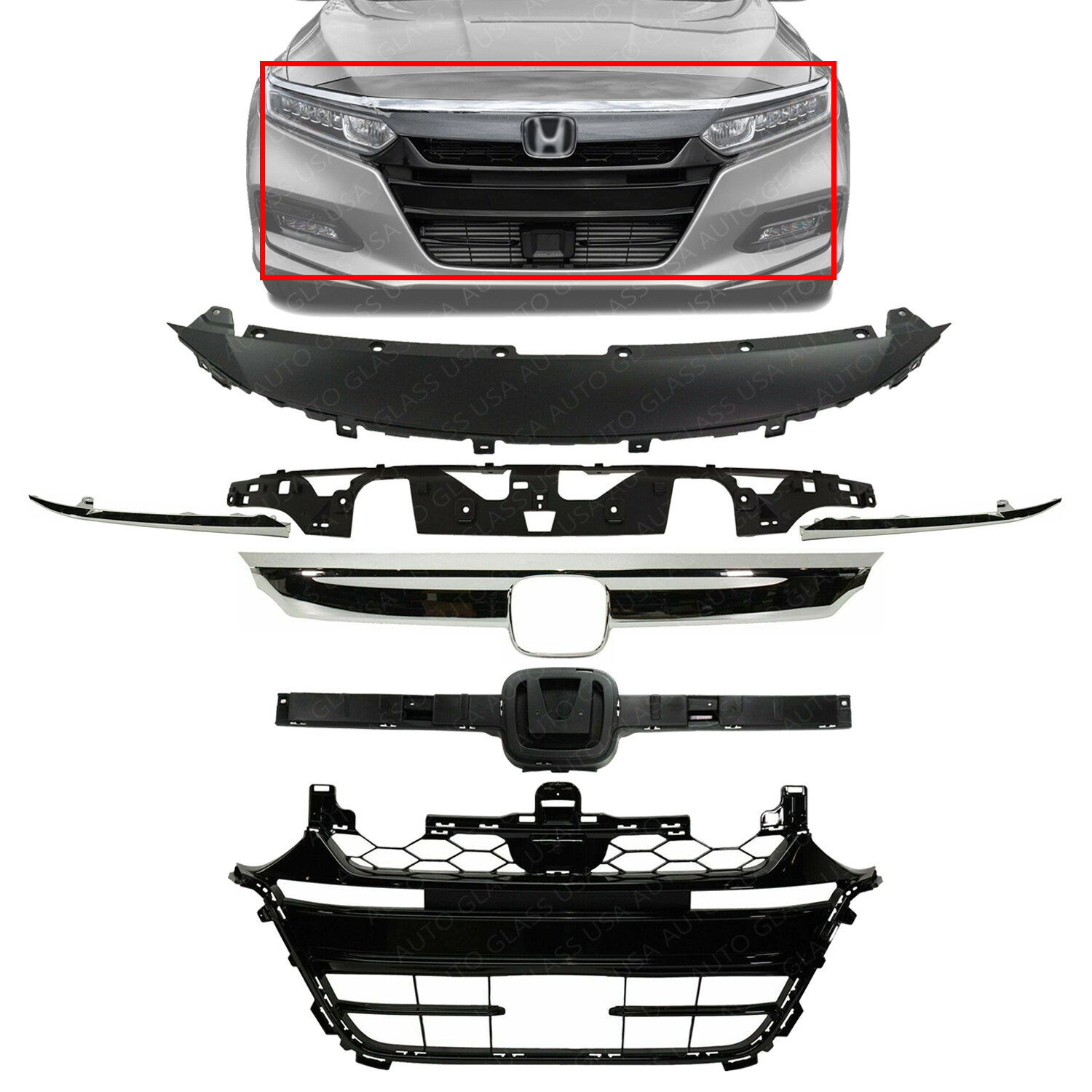 Front Bumper Grille Assembly Kit + Chrome Trims For 2018-2020 Honda ...