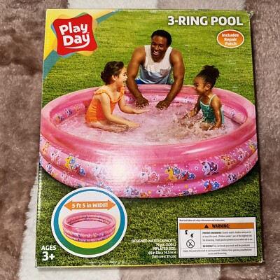 New! Play Day Inflatable 3-Ring Pink Shark Themed Kiddie Swimming Pool ...