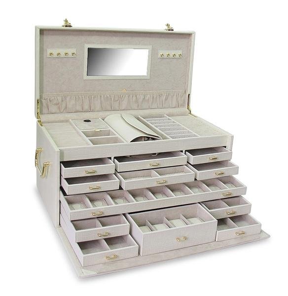 Huge Cream Jewelry Box, Lockable Jewelry Organizer Necklace Ring ...