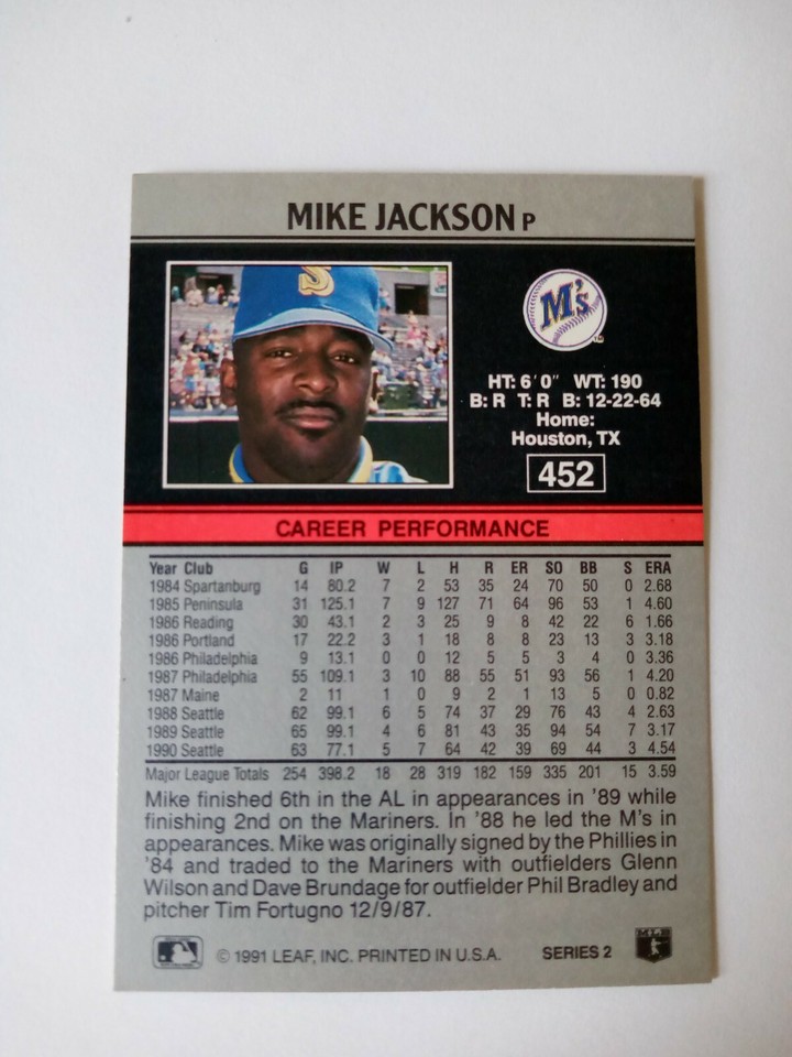 1991 Leaf Seattle Mariners Baseball Card #452 Mike Jackson | eBay