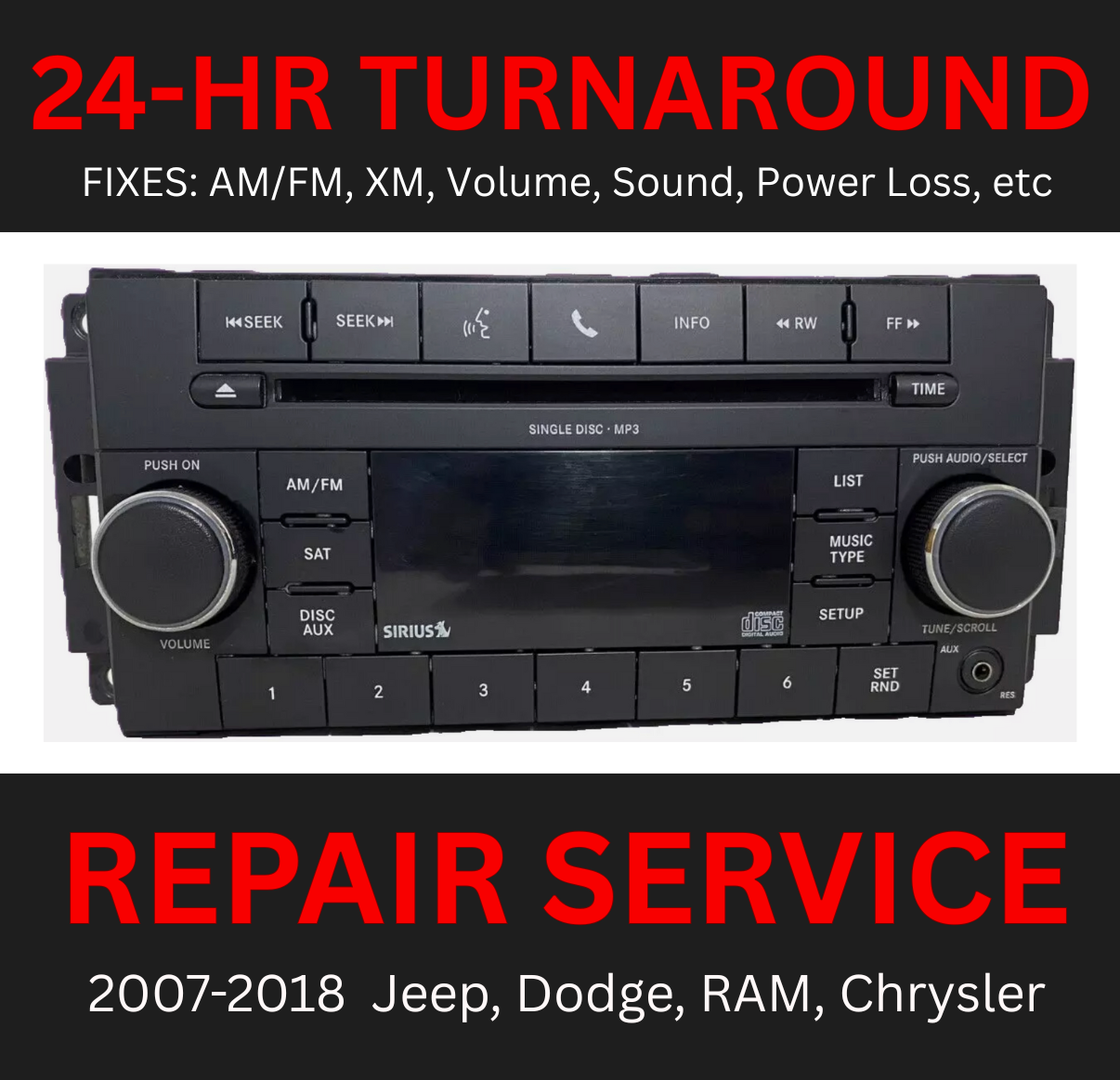 2007 - 2017 Jeep Dodge Chrysler Radio RES AM/FM/XM Sound Mail-in REPAIR ...