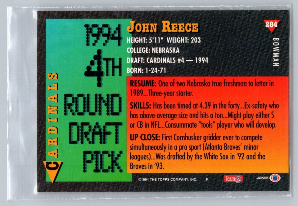 1994 TOPPS BOWMAN CARD # 284 John Reece - Arizona Cardinals | eBay