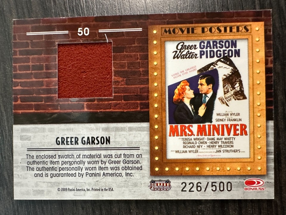 Mrs. Miniver Greer Garson SWATCH RELIC 226/500 2009 Panini Movie #50 ...