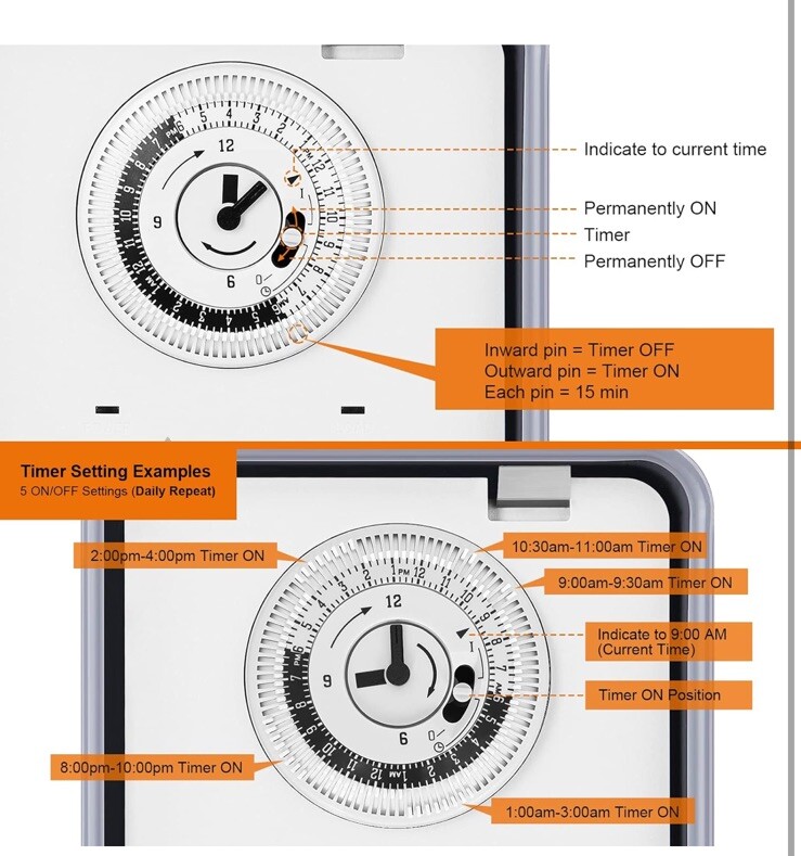 Pool Timer, 24-Hour Cycle Mechanical Timer Switch, 40 AMP, 2HP, 120 ...