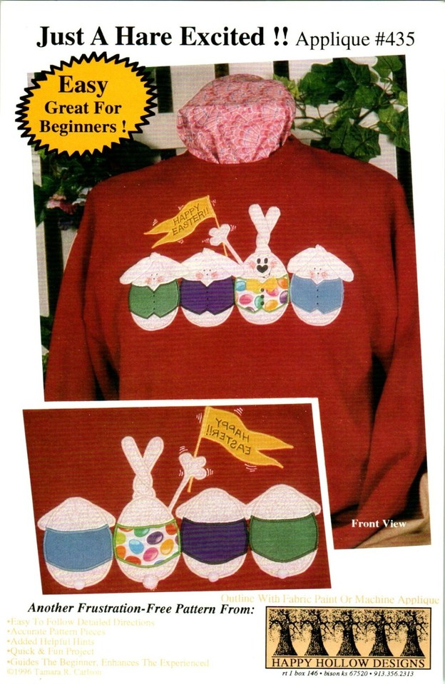 Just A Hare Excited Pattern Folk Art Happy Easter Bunny & Egg Applique ...