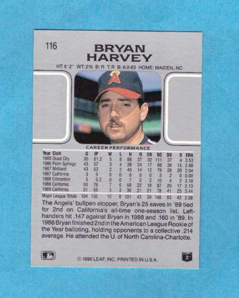 1990 Leaf Baseball card #116 Bryan Harvey Angels | eBay