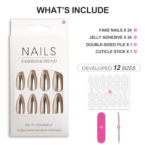 Matte Gold Chrome Press on Nails Almond Medium Fake Nails 06.matte gold ...