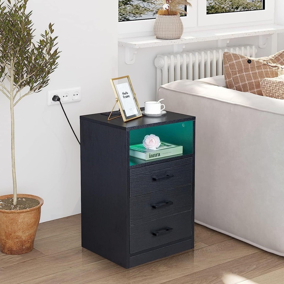 Set Of 2 Nightstand LED Light Bedside Table with Wireless Charging and ...