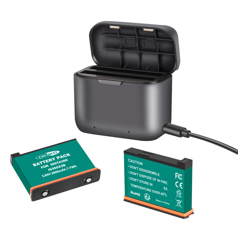 2Pcs 2.0Ah IS360X3B Battery &USB Dual Charger Storage BOX For Insta360 ...
