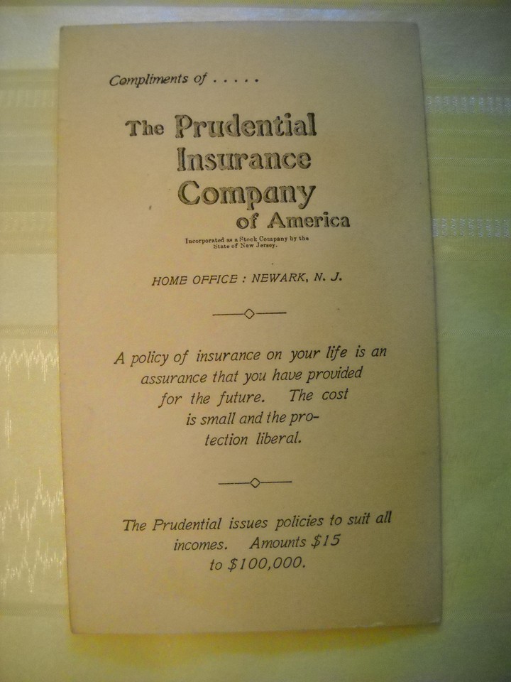 PRUDENTIAL INSURANCE Antique TRADE CARD CHROMO boy offers girl flowers ...