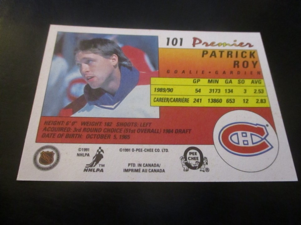 patrick roy (montreal canadians - g) 1990/91 o-pee-chee premier card ...