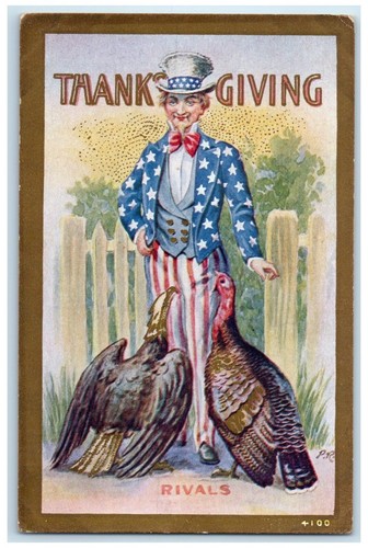 c1910's Thanksgiving Uncle Sam And Turkey Rivals Posted Antique ...