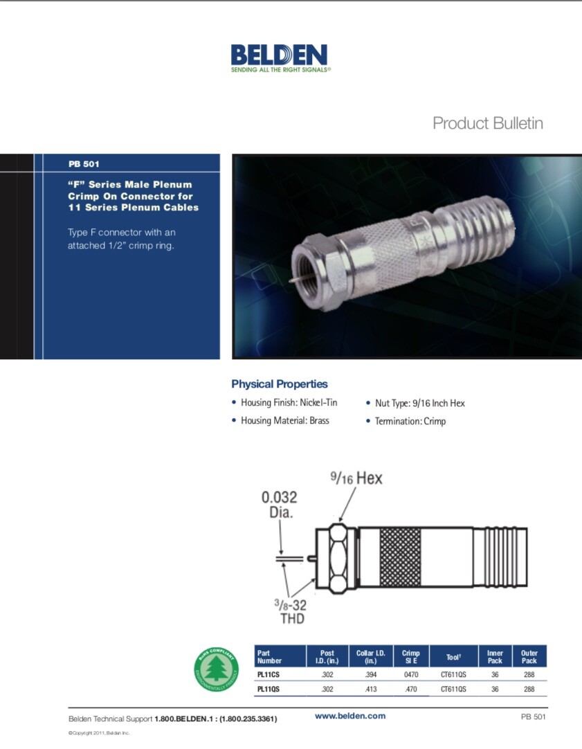 2 Qty BELDEN PL11CS RG11 PLENUM CONN F M .470 Crimp CONNECTOR ST Cable ...