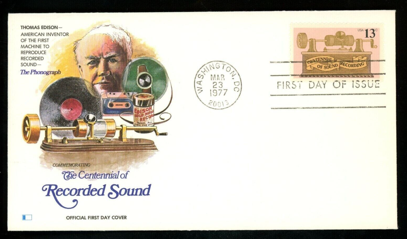 INVENTOR THOMAS EDISON SOUND RECORDING 1977 FLEETWOOD CACHET FDC UNADDR ...