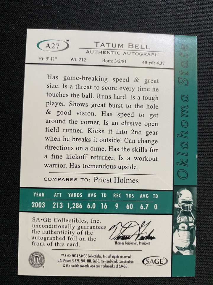 2004 SAGE Hit Auto Emerald Tatum Bell #A27 Rookie Auto RC | eBay