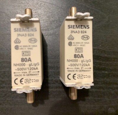 New fuses 80A, AC 600V, IR 100 kA Siemens 3NA3824 Fuse NH000- gL/gG ...