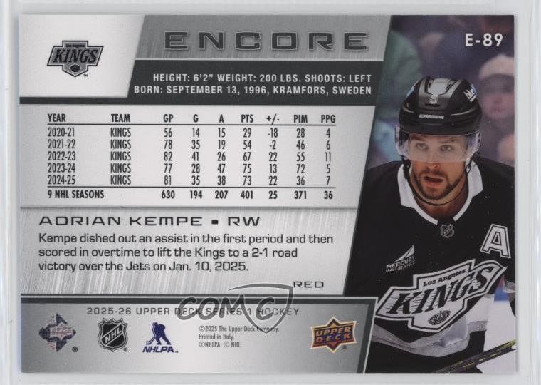 2025-26 Upper Deck Series 1 Encore Red 197/199 Adrian Kempe #E-89 7hg ...