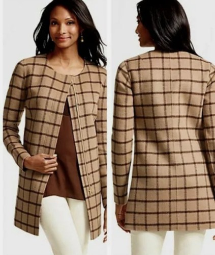 Talbots Size 1X wool coat tan and brown plaid windowpane zip front beautiful | eBay