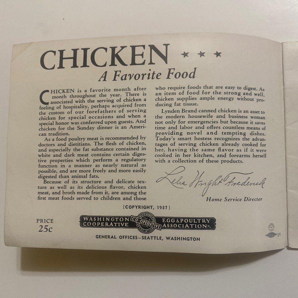 Lelia Wright Frederick The Chicken Cook Book 1937 Booklet Washington Co ...