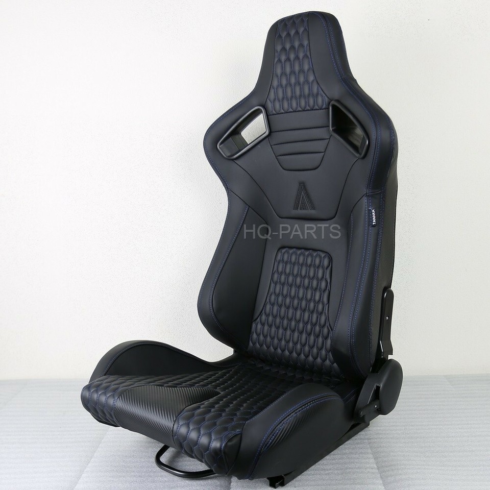 2 TANAKA PREMIUM BLACK CARBON PVC LEATHER RACING SEATS + BLUE STITCH ...