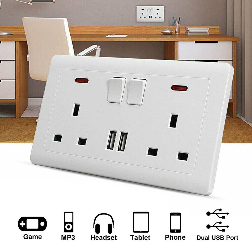 Single/Double Wall Plug Socket 1/2 Gang Charger USB Ports Outlets Flat ...