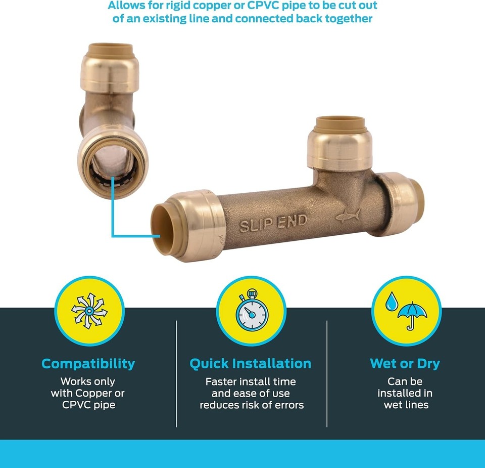 SharkBite 1/2 x 1/2 x 1/2 FNTP Copper/CPVC Slip Tee Push Fitting Brass ...