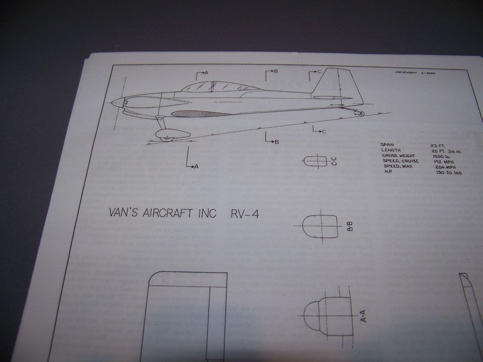 VINTAGE..VAN'S AIRCRAFT INC. RV-4..3-VIEWS/SPECS/CROSS SECTIONS...RARE ...