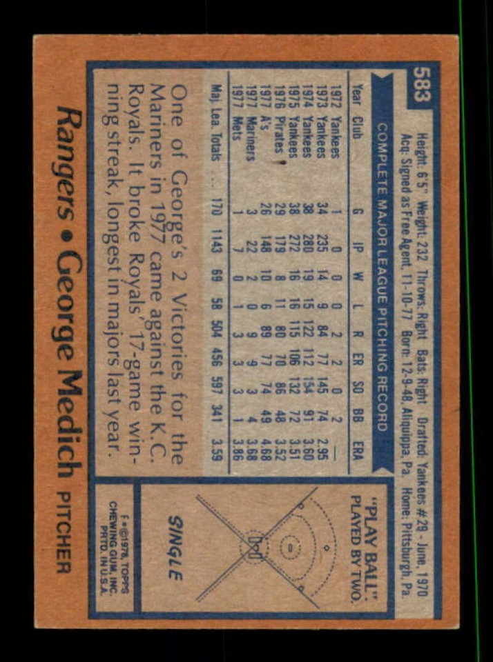 1978 Topps #583 Doc Medich AUTOGRAPHED!!! Rangers 235235 | eBay